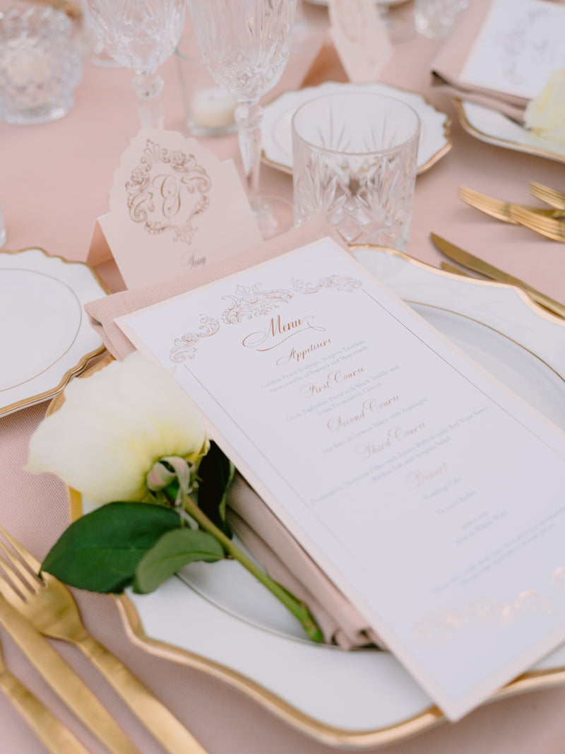 Luxury Plate Menu with Deckled Edge & Rose Gold Foil Monogram – Cartalia