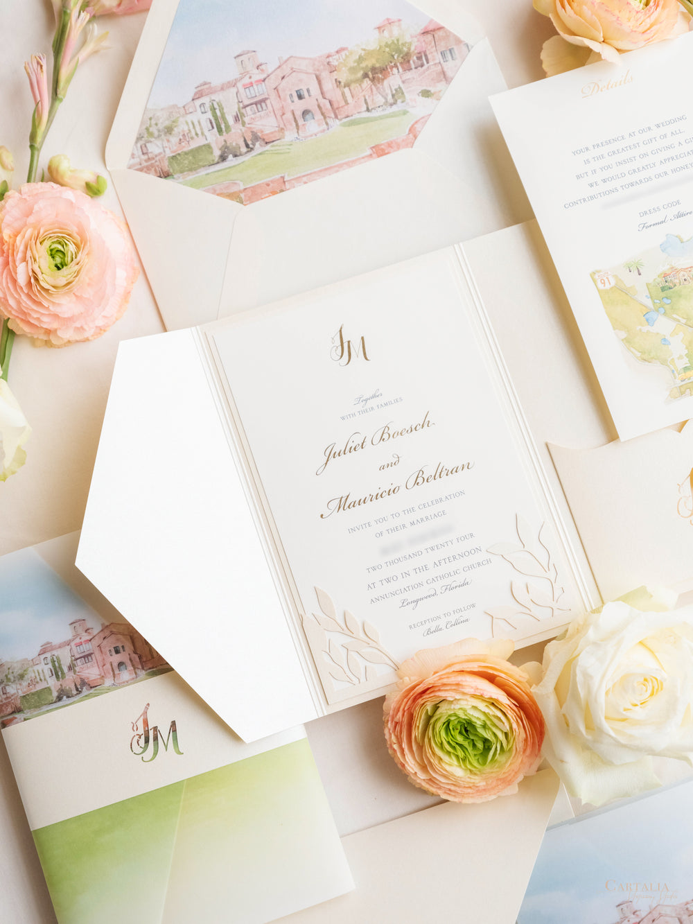 BESPOKE Envelope with Vellum Custom Watercolor Venue Invitation Pocket ...