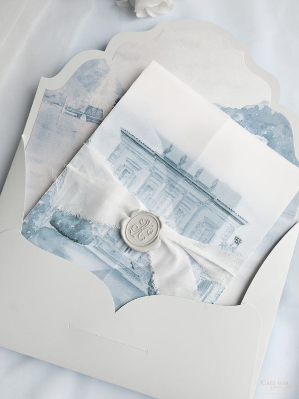 Watercolor Vellum Wrap Invitation Suite with Gold Foil Monogram & Cust ...