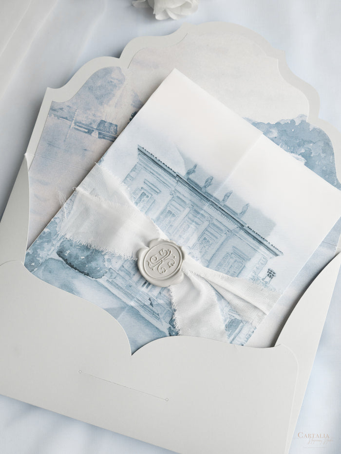 Watercolor Vellum Wrap Invitation Suite with Gold Foil Monogram & Cust ...