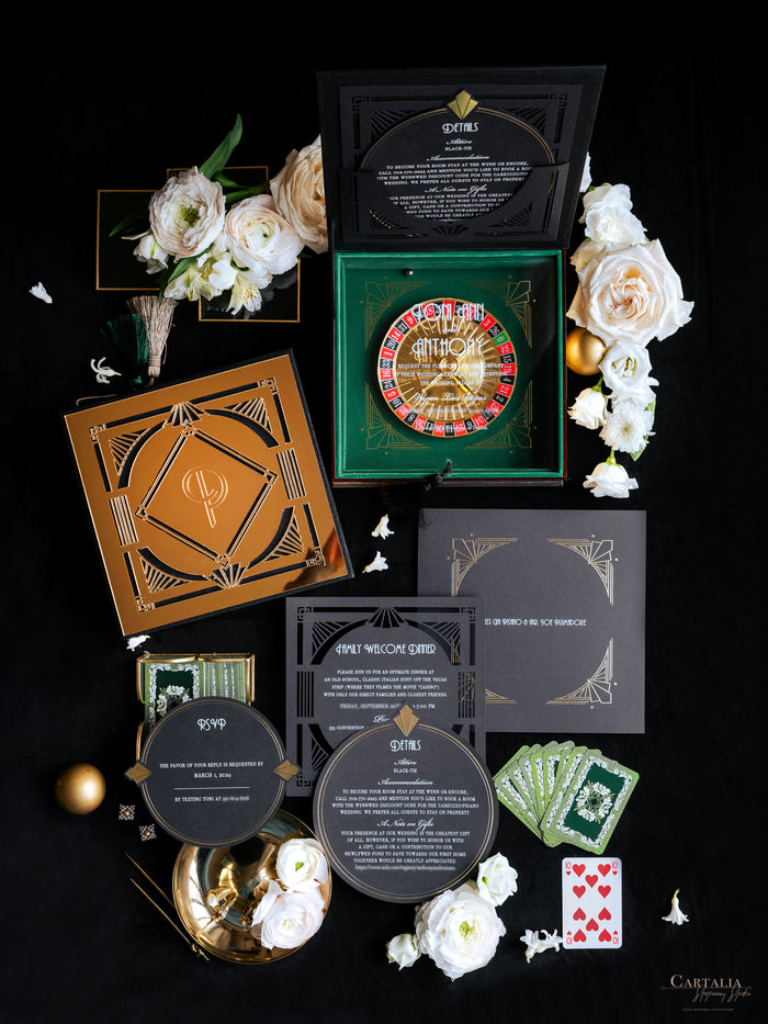 Luxury Boxed Invitation: Gold Foil Casino, Las Vegas Art Deco Wedding ...