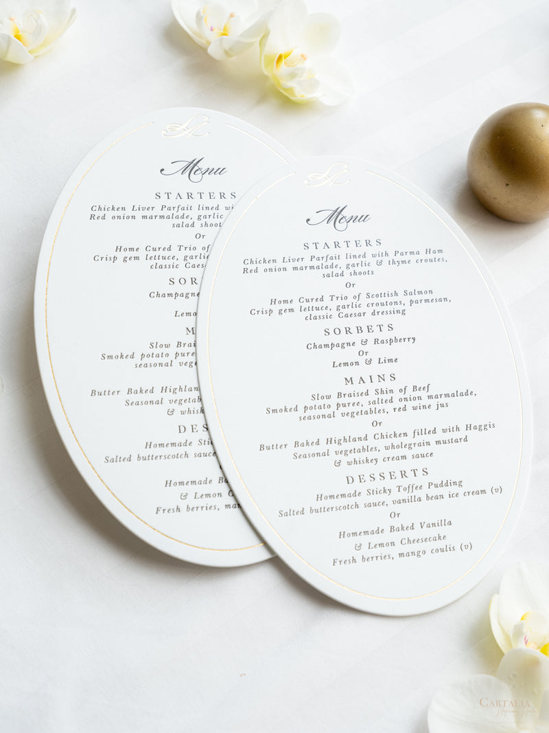 Oval Plate Menu | Luxury Foiled & Letterpress Dinner Menu on thick 710 ...