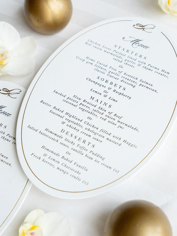 Oval Plate Menu | Luxury Foiled & Letterpress Dinner Menu on thick 710 ...