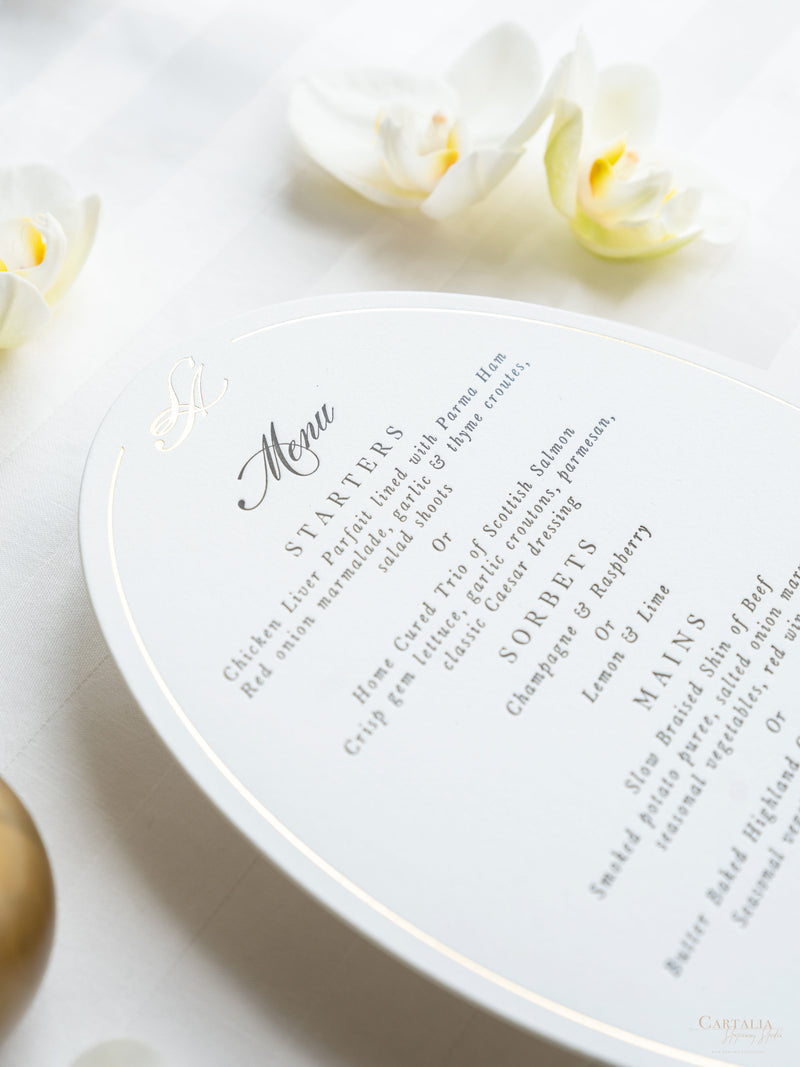 Oval Plate Menu | Luxury Foiled & Letterpress Dinner Menu on thick 710 ...