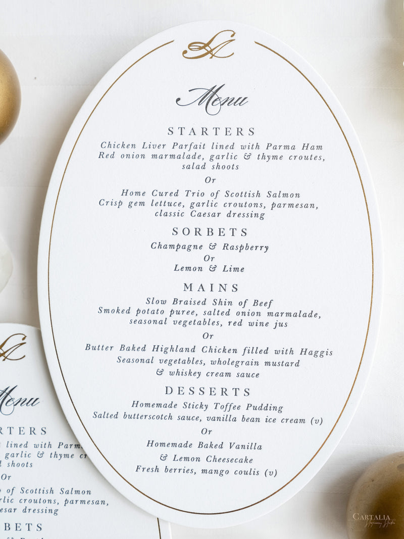Oval Plate Menu | Luxury Foiled & Letterpress Dinner Menu on thick 710 ...