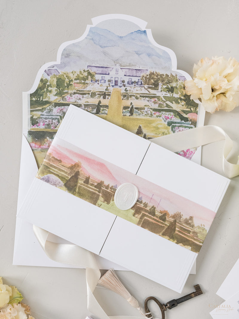 Tri Fold Pocket Wedding Invitation With Venue Watercolour and Oval Wax ...