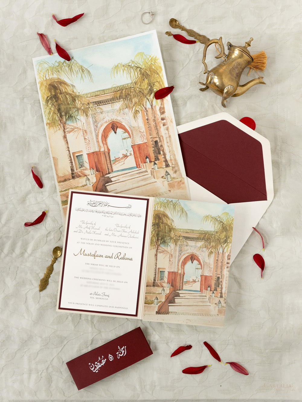 Moroccan Trifold Wedding Invitation in Burgundy & Champagne | Palais F ...