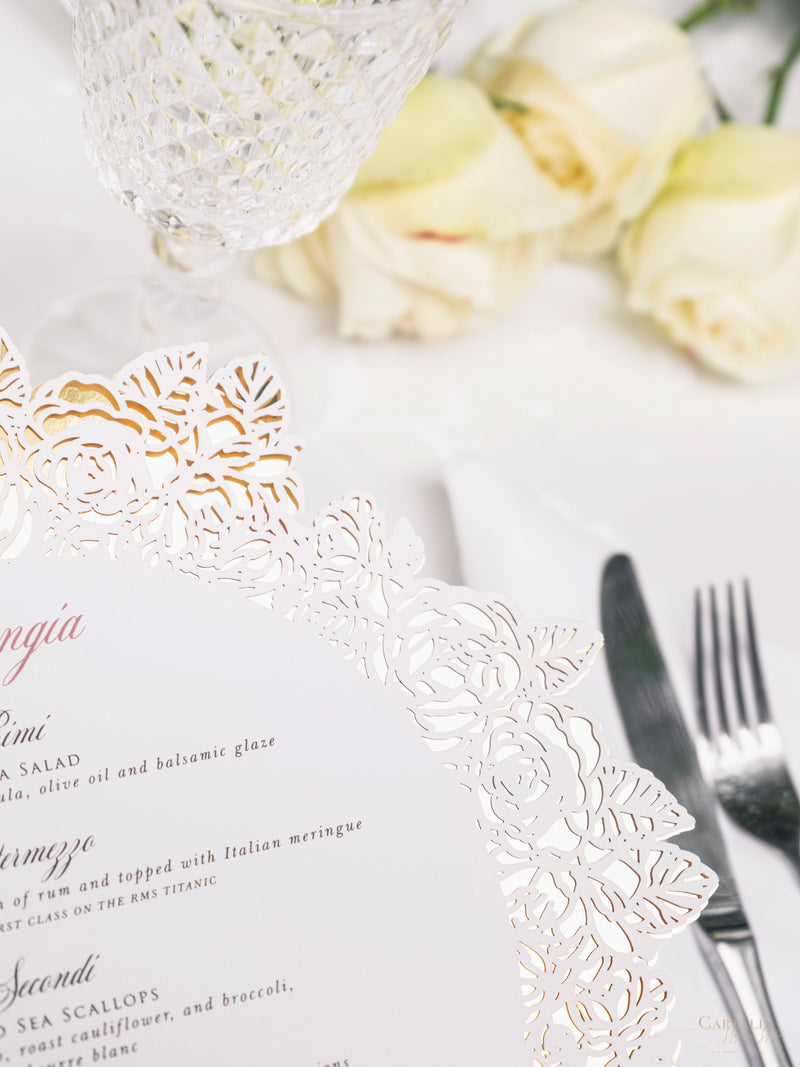 Unique Luxurious Roses Oval Foil Plate Menu | Dinner Menu – Cartalia