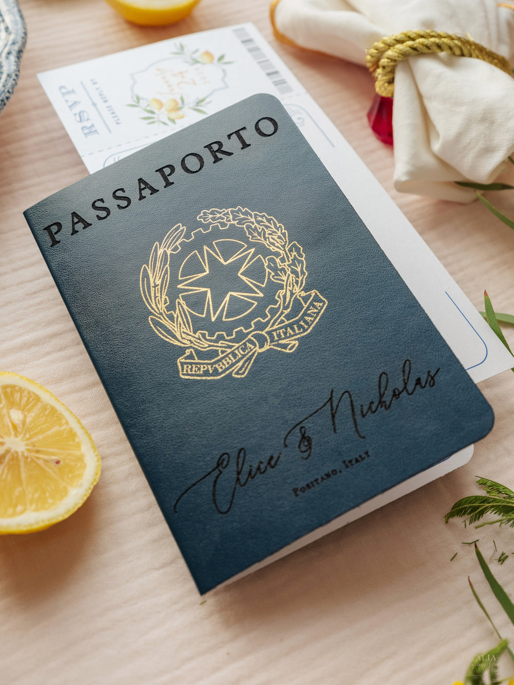 Italian Navy Leather Passport Invitation with Lemons | Amalfi Coast ...