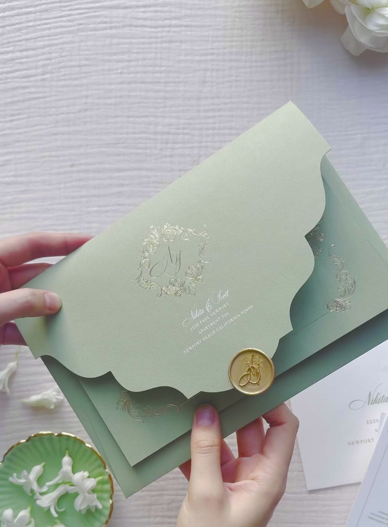Luxury Sage Green & Gold Classic Pocket Suite with Gold Foil and Weddi ...