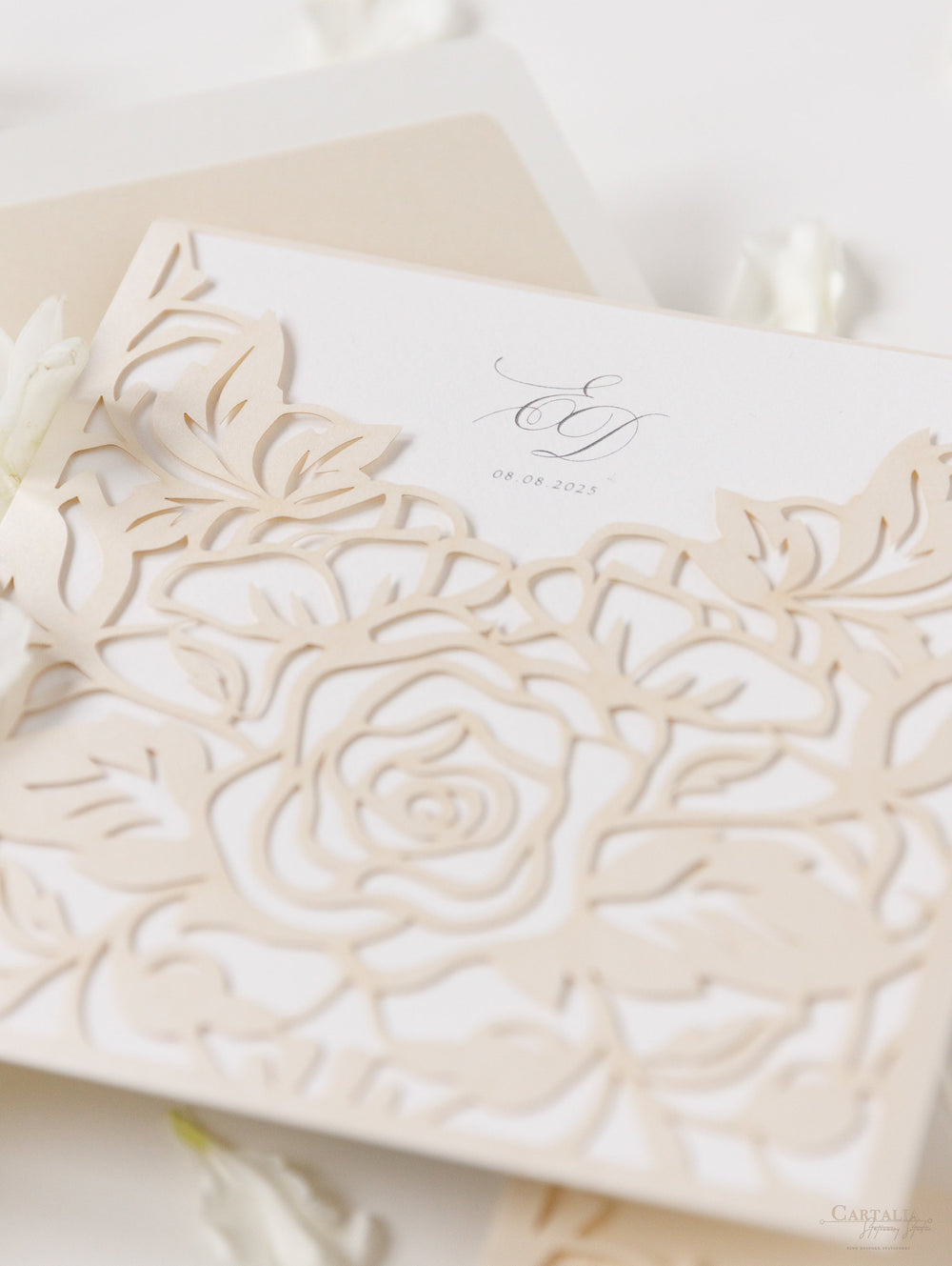Classic Elegance Laser cut Pull out folder Invitation in Cream and Cha ...