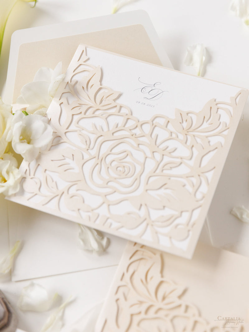 Classic Elegance Laser cut Pull out folder Invitation in Cream and Cha ...