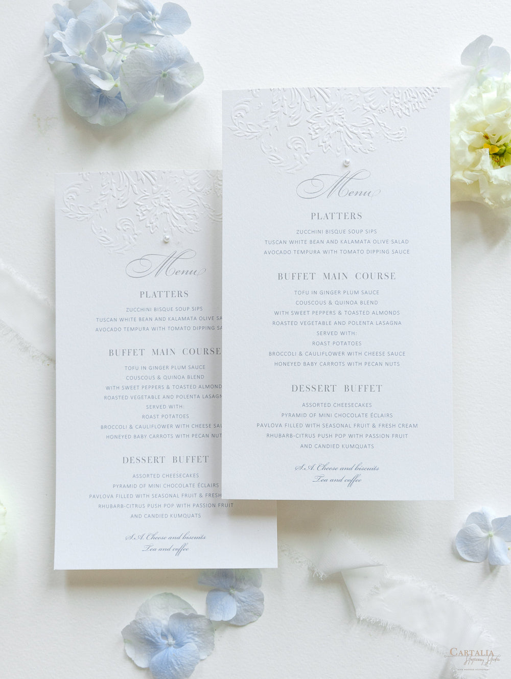 Delicate Luxurious Embossed Menu Cards with Pearl Detail – Cartalia
