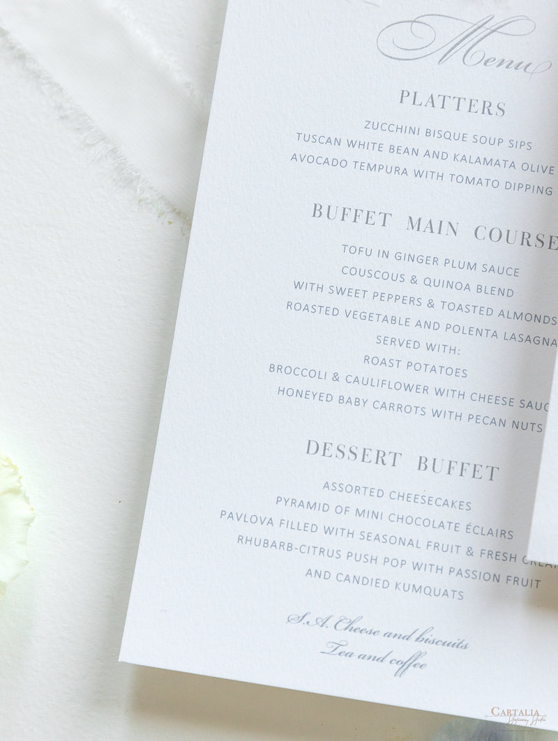 Delicate Luxurious Embossed Menu Cards with Pearl Detail – Cartalia