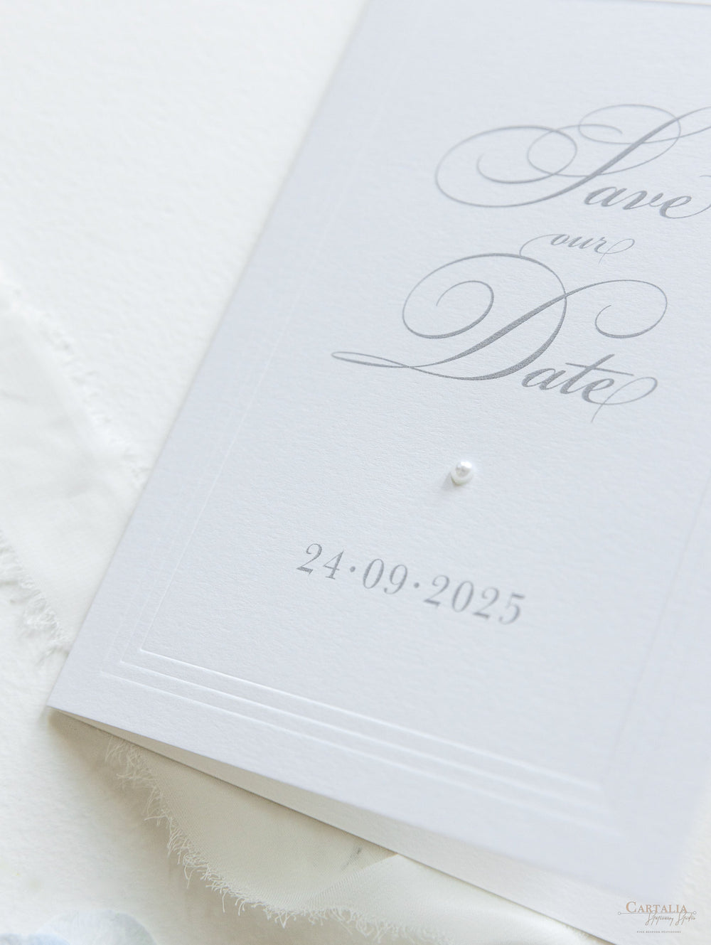 Embossed Save The Date Cards with Pearl Detail – Cartalia