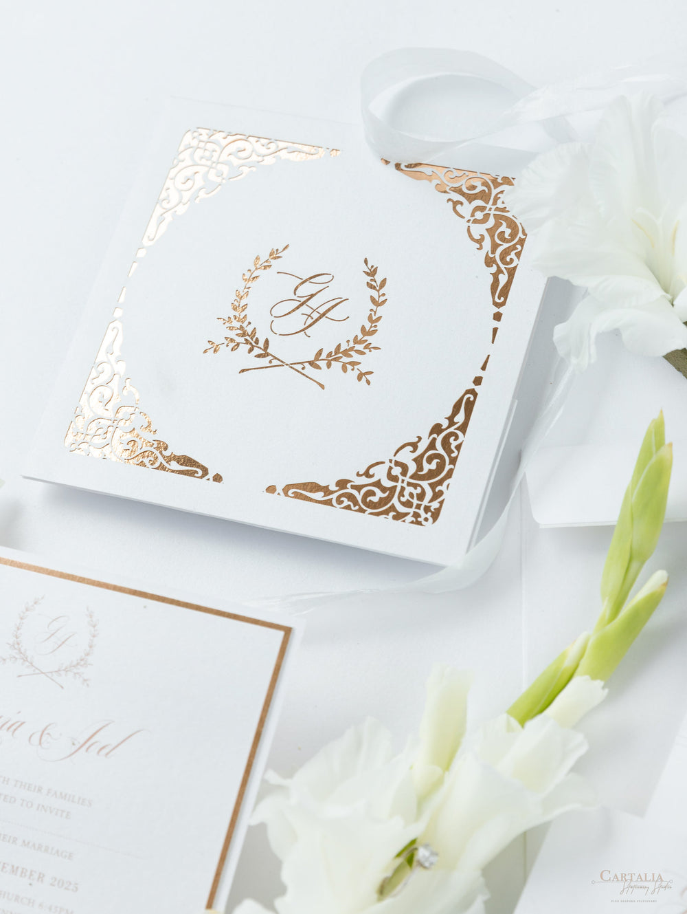 Rose Gold Foil Laser Cut Monogram Wedding Invitation Square Pocket ...