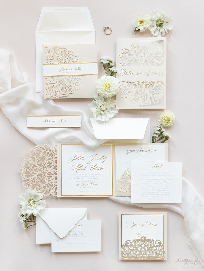 Champagne Opulence Laser Cut Lace Pocketfold Wedding Invitation Suite ...