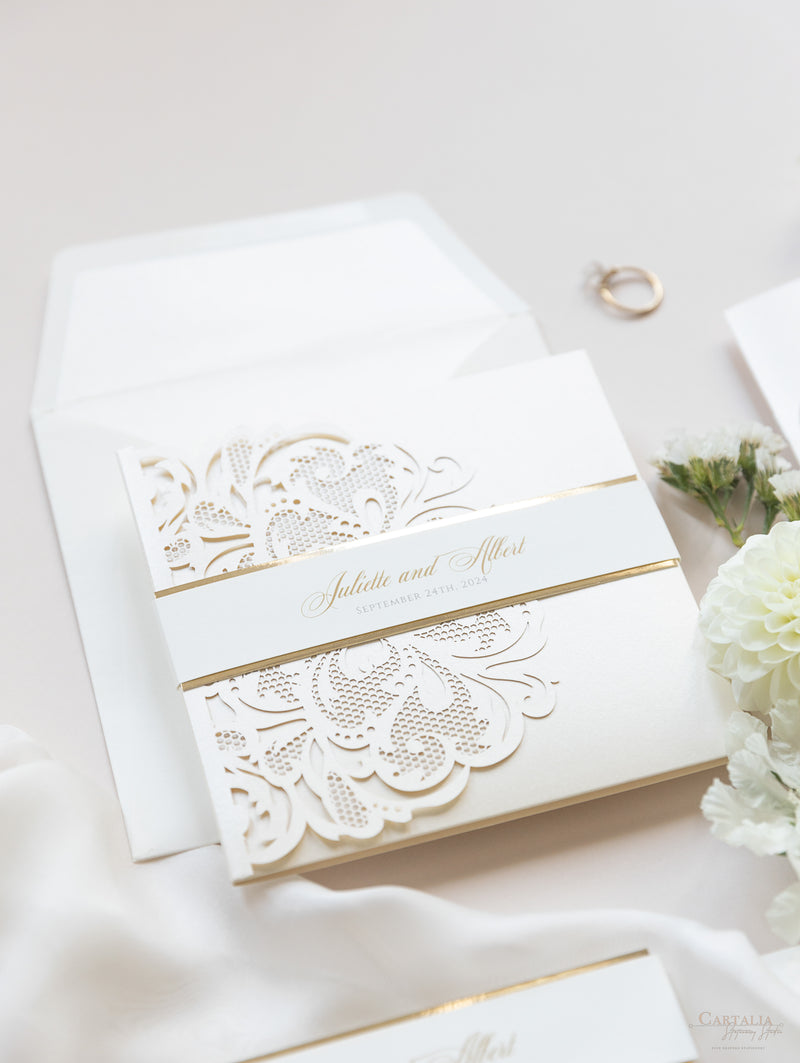 Champagne Opulence Laser Cut Lace Pocketfold Wedding Invitation Suite ...