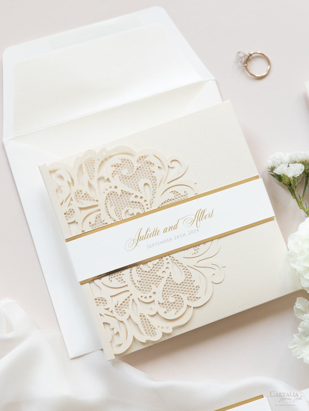 Champagne Opulence Laser Cut Lace Pocketfold Wedding Invitation Suite ...