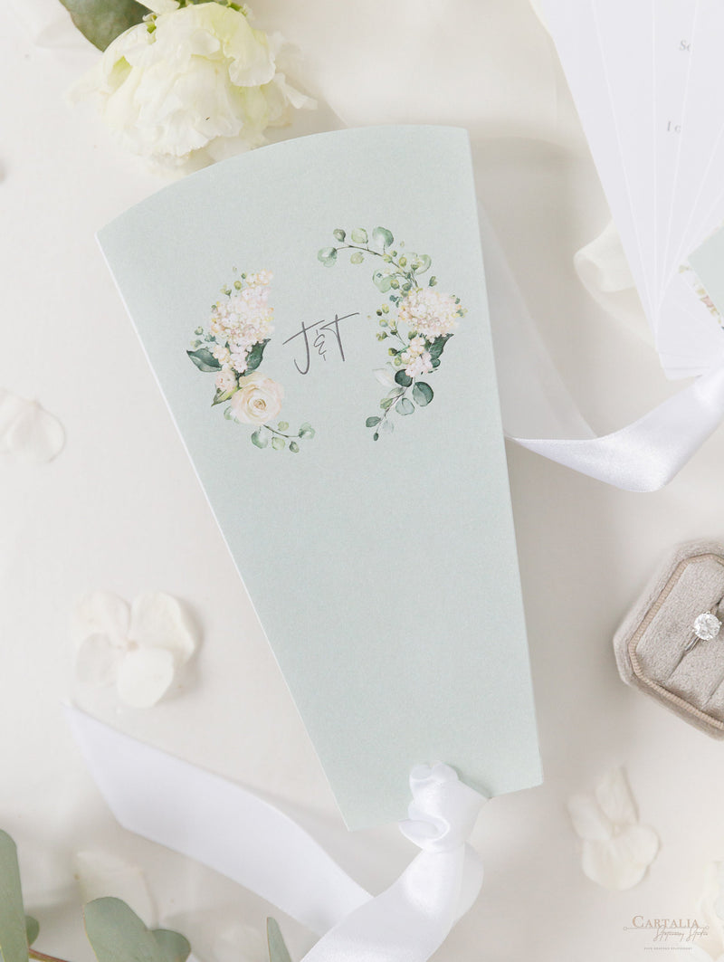 White Hydrangea Wedding Petal Program Fan, Order of Day in Sage Green ...