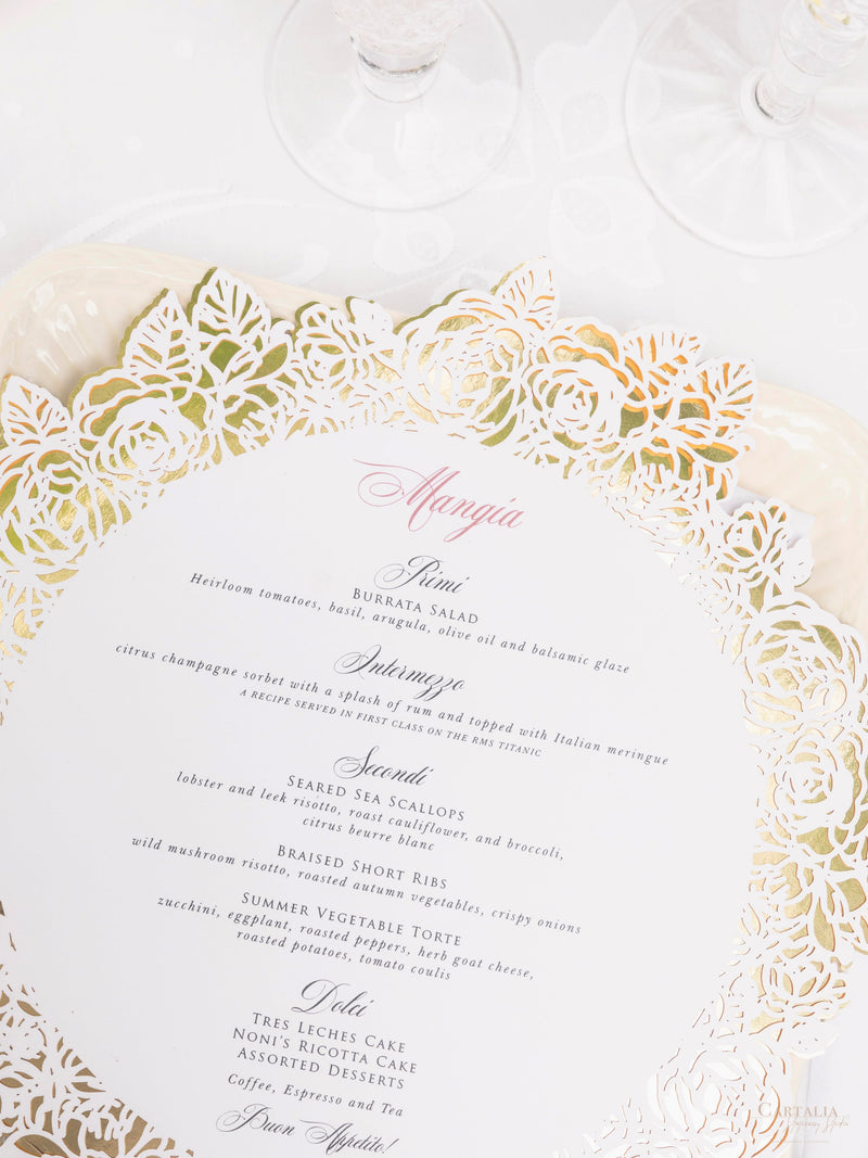 Unique Luxurious Roses Oval Foil Plate Menu | Dinner Menu – Cartalia