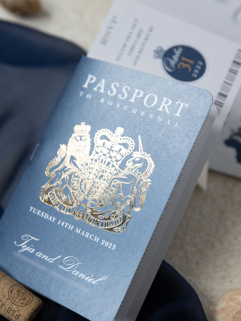 Navy Blue & Gold Travel Wallet : Luxury Wedding Passport Invite in Poc ...
