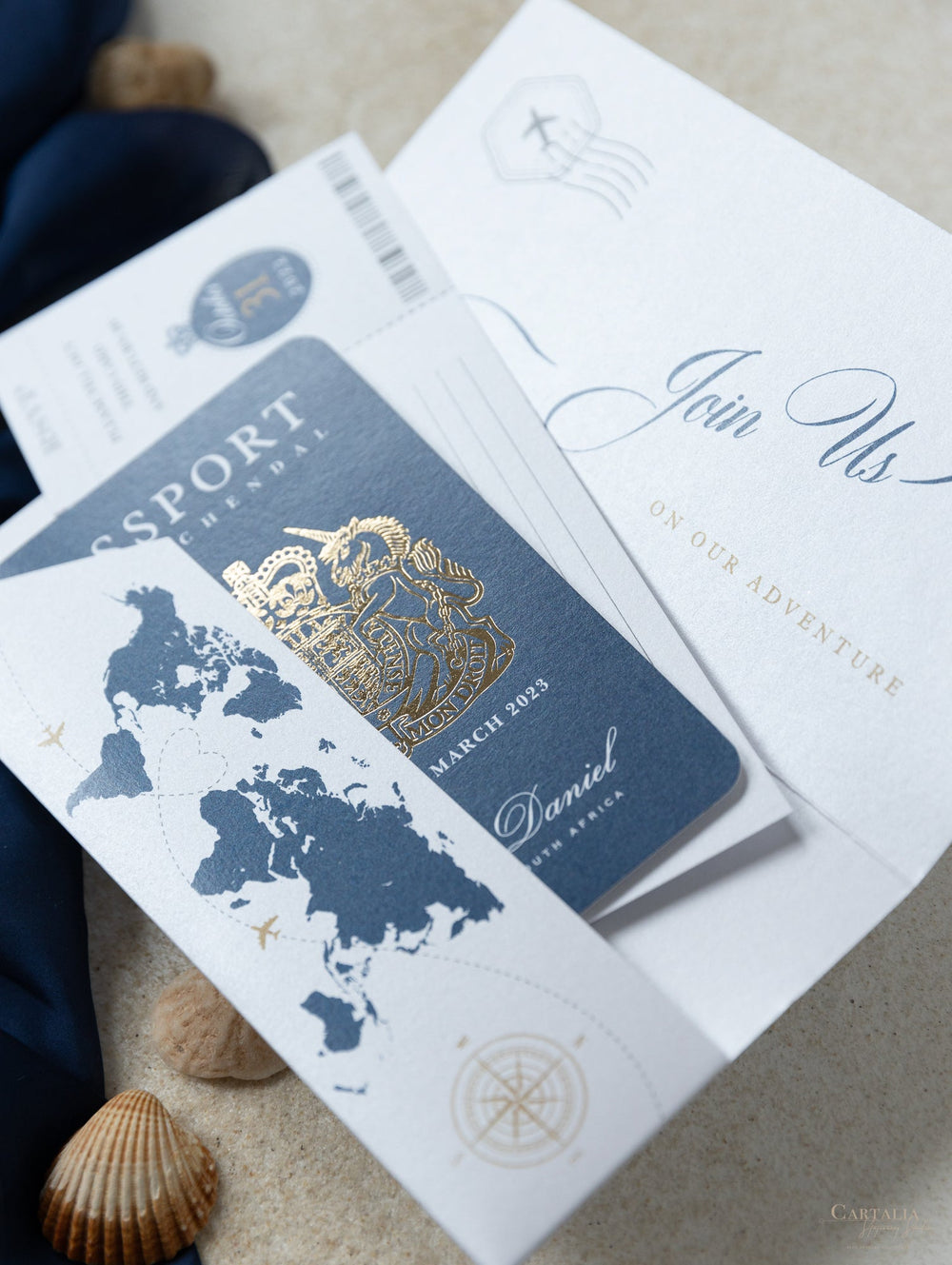 Navy Blue & Gold Travel Wallet: Luxury Wedding Passport Invite in Pock ...