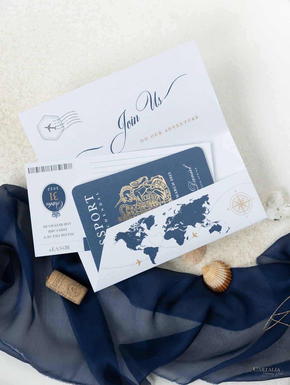 Navy Blue & Gold Travel Wallet: Luxury Wedding Passport Invite in Pock ...