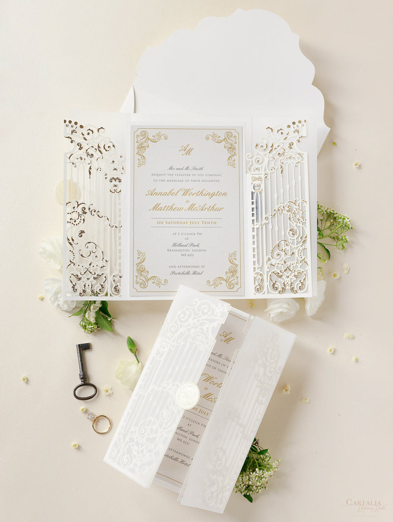 Luxury Venue Inspired Ornamental Gate Laser Cut Day Invitation with Ve ...