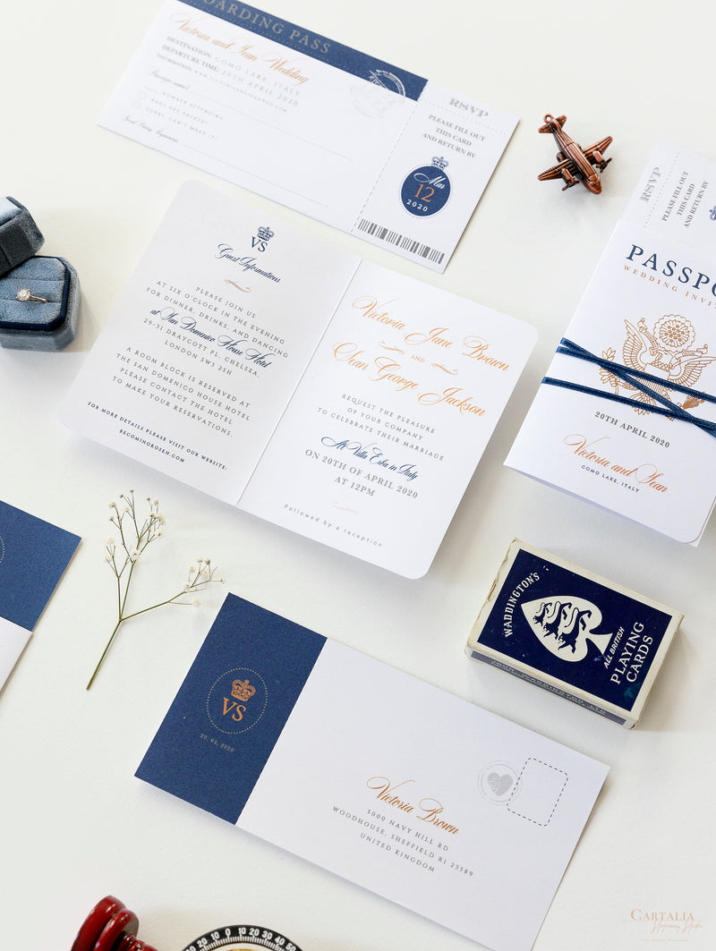 Luxury Rose Gold Foil & Navy Passport and Boarding Pass Invite suite ...