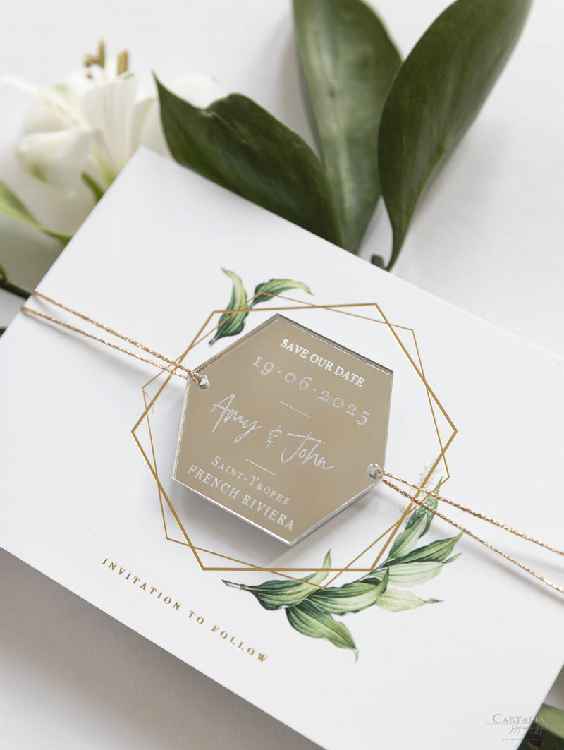 Modern Hexagon Plexi Mirror Save the Date Magnets | Wedding Invite | G ...