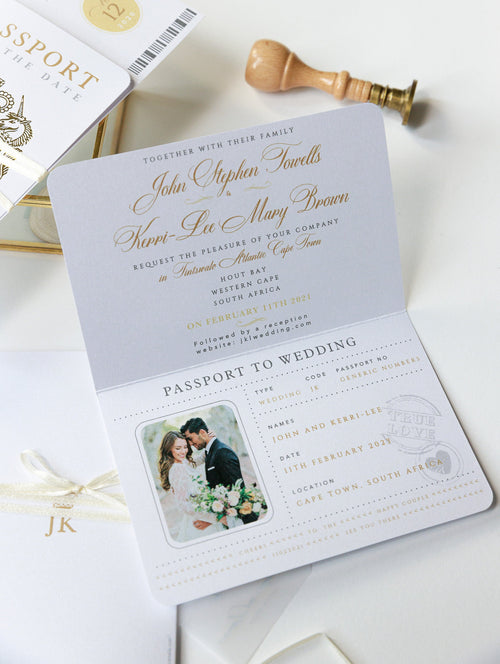 Passport Wedding Save the Date Vellum with Gold Foil Boarding Pass, We ...