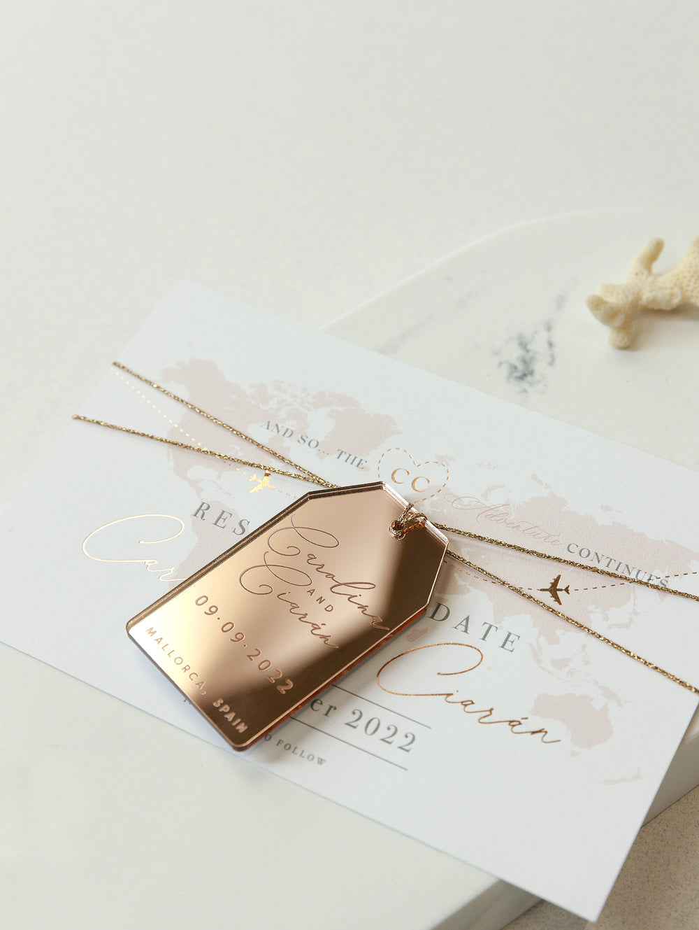 Luxury Destination Magnet in Rose Gold Mirror Plexi Save the Date Card ...