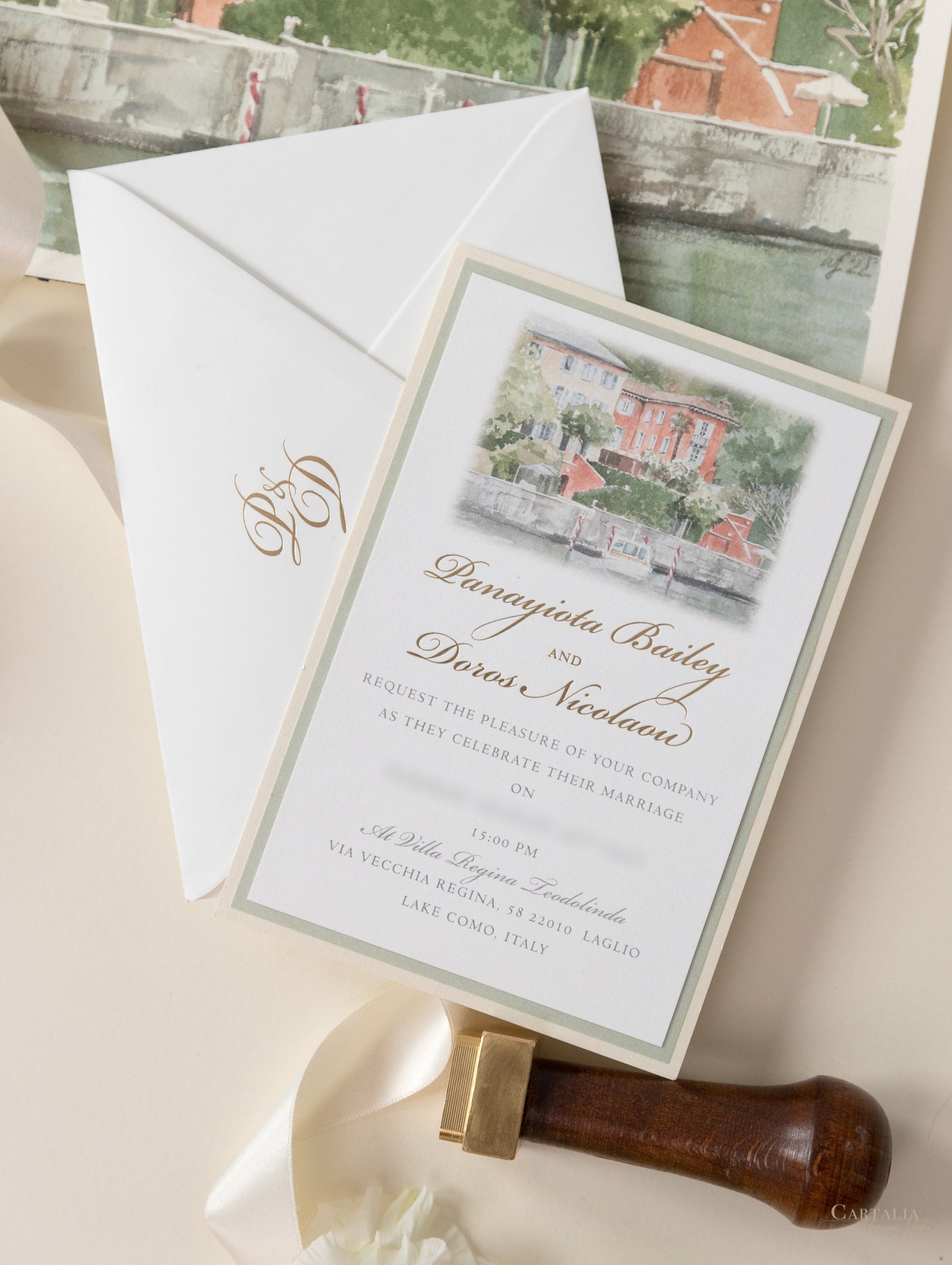 Custom Watercolour Wedding Venue Invitation with Gold Foil | Villa Reg ...