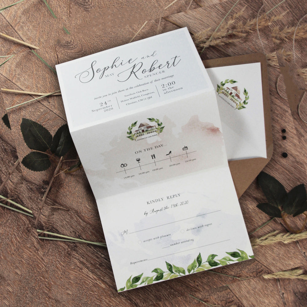 Concertina Style 3 Fold Invitation Boho Style Timeline with Kraft Enve ...