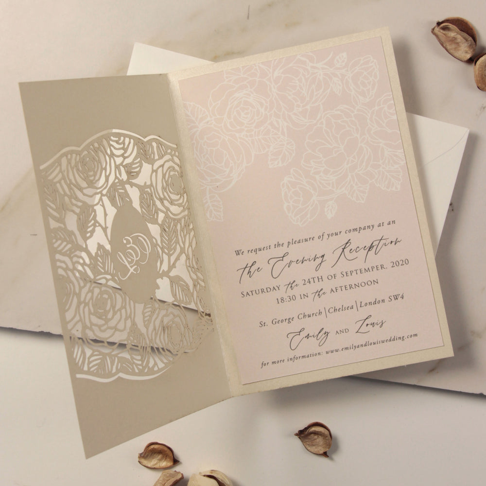 Monogram in Filigree Roses, Champagne With Dusty Rose Elegant Floral C ...