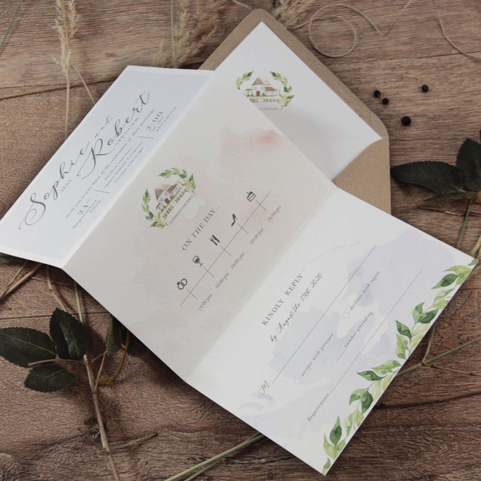 Concertina Style 3 Fold Invitation Boho Style Timeline with Kraft Enve ...