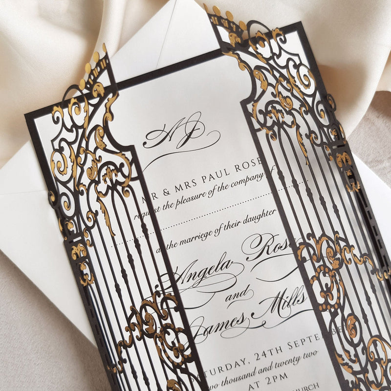 Laser Cut Gate Invitation Luxury Foil Grey Laser Cut Wedding